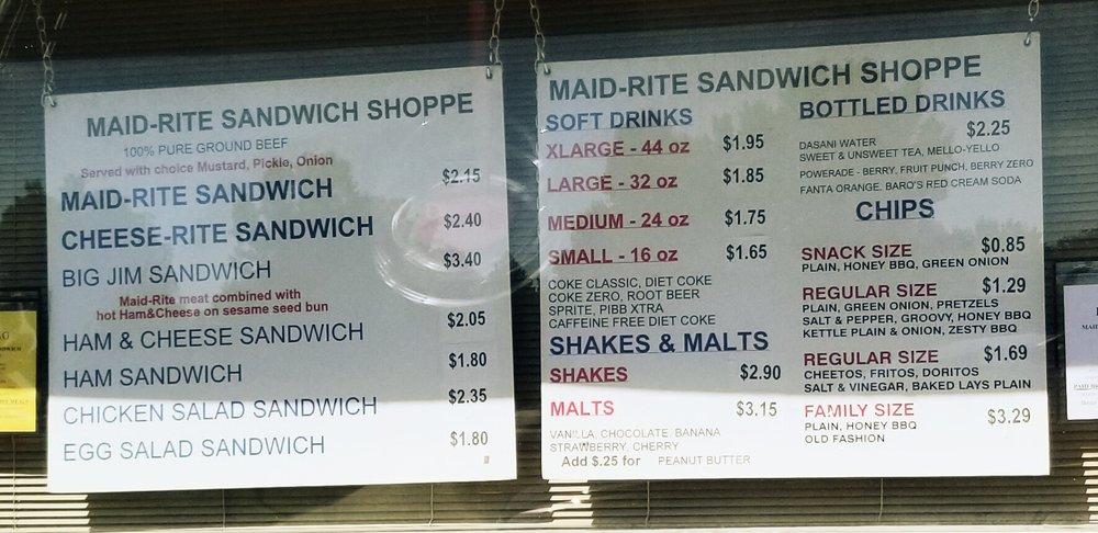 Menu at Maid-Rite Sandwich Shoppe fast food, Greenville
