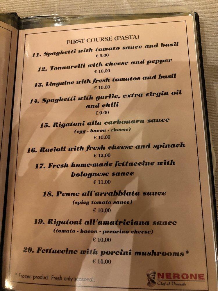 Menu at Nerone pizzeria, Rome, Via del Viminale