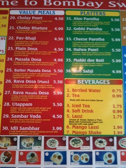 Menu at Bombay Sweets restaurant, Milwaukee, South 13th Street