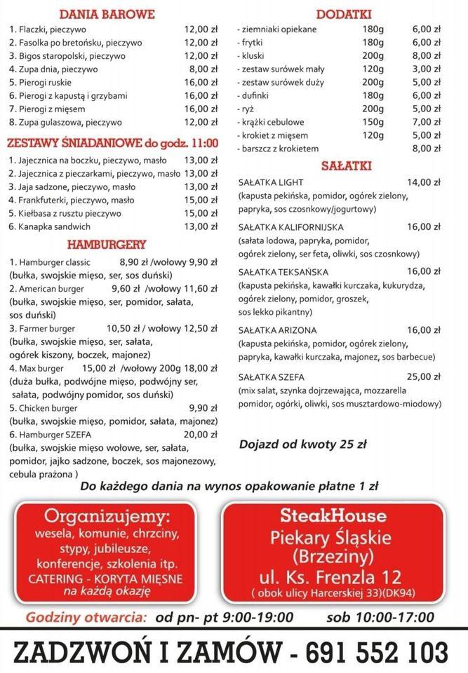 Menu at Steak House restaurant, Piekary Slaskie