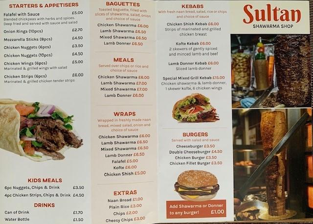 Carta del restaurante Sultan Shawarma, Portsmouth
