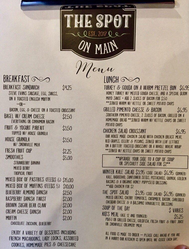 Menu at The Spot on Main cafe, Jackson