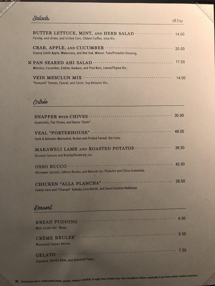 Menu at vein at KAKA'AKO restaurant, Honolulu