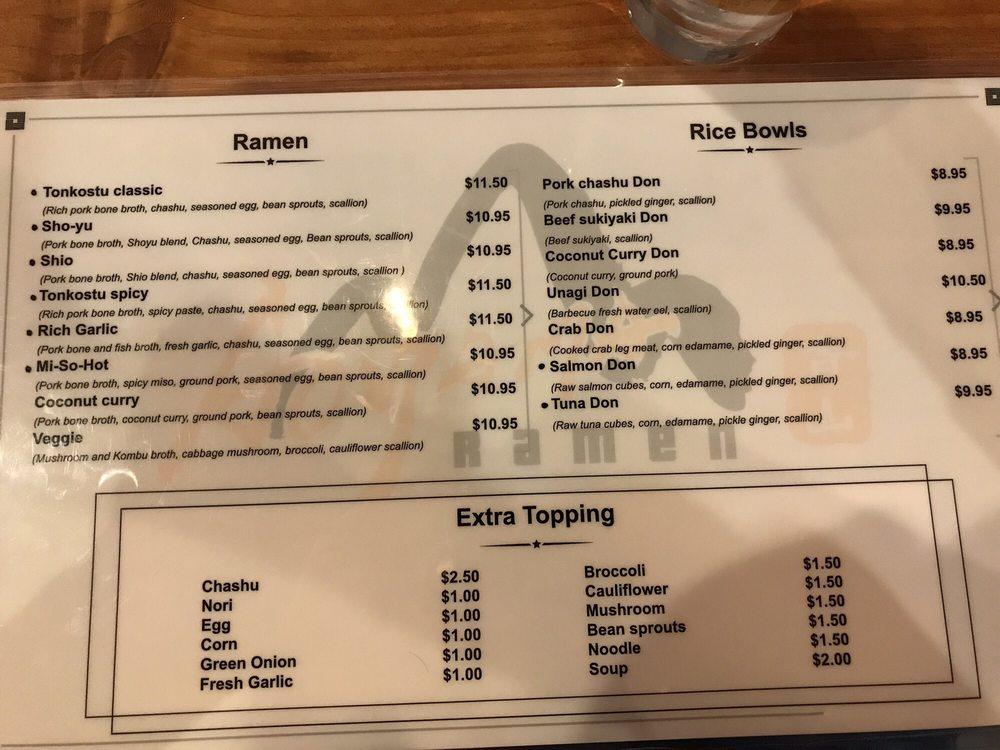 Menu at Aoyama Ramen restaurant, Olathe