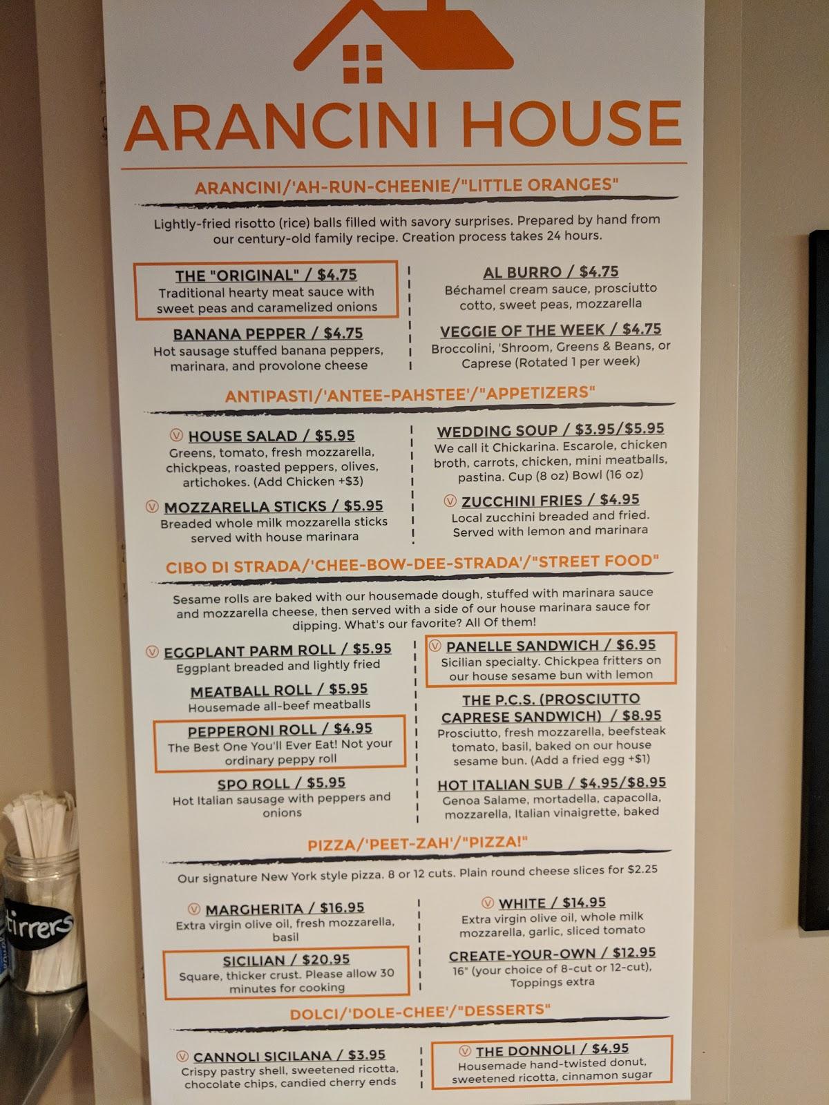 Menu at Arancini House pizzeria, Pittsburgh