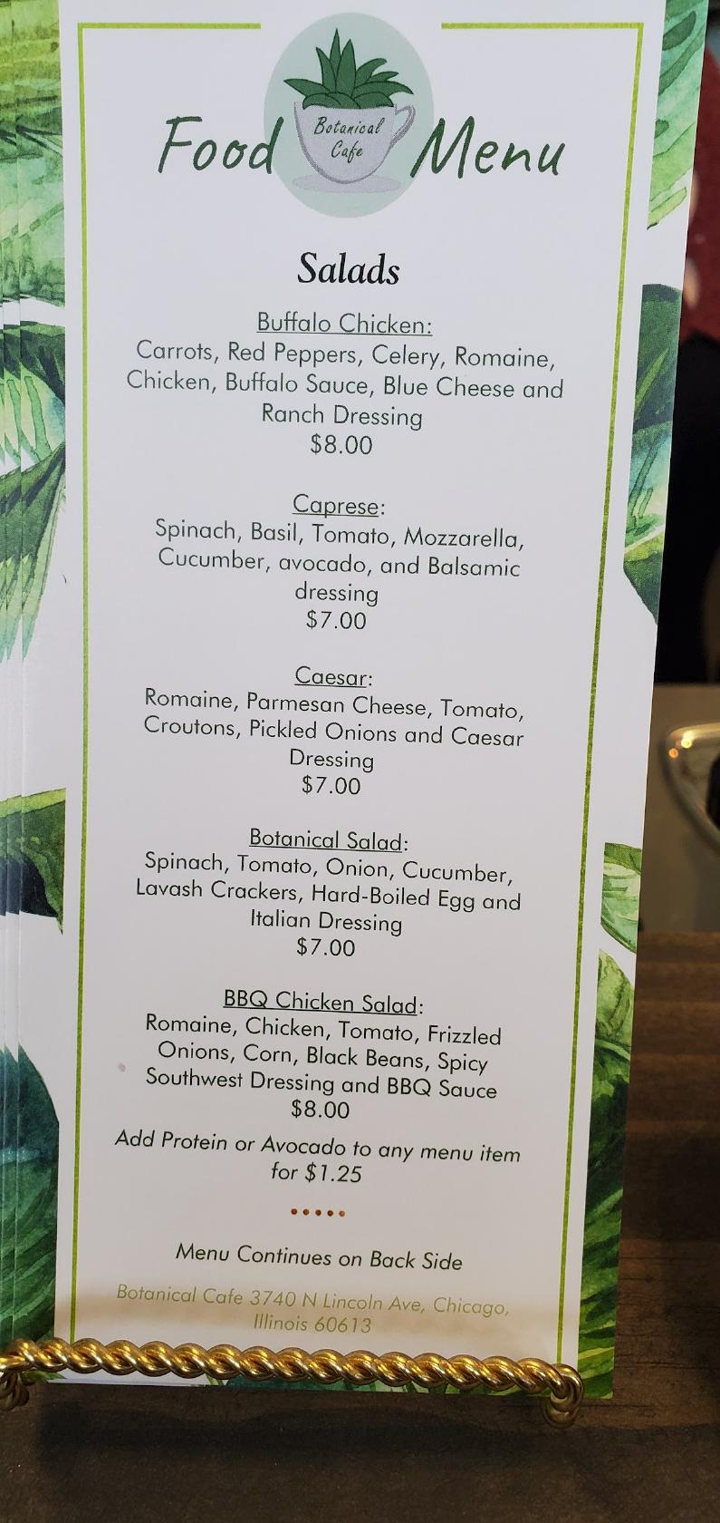 Carta de Botanical Cafe, Chicago, 3740 N Lincoln Ave
