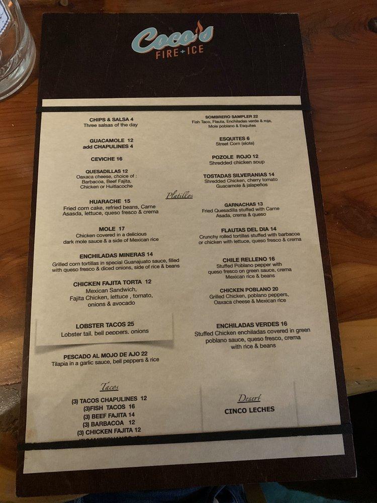 Menu at Coco’s Fire & Ice restaurant, Dallas