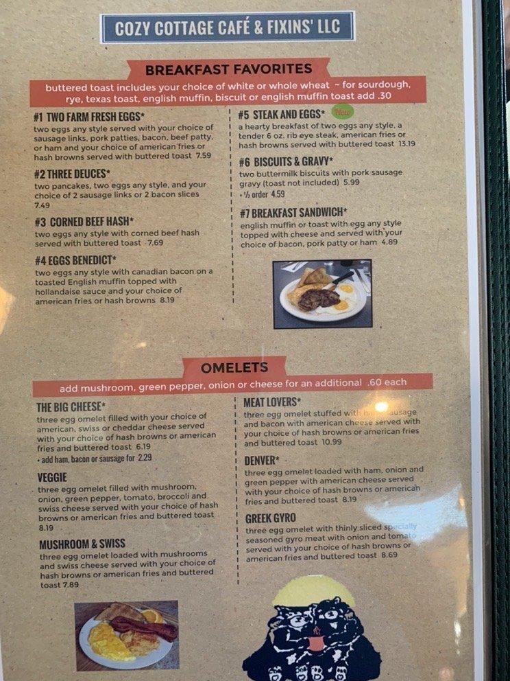 Menu at Cozy cottage cafe and fixins, Elcho