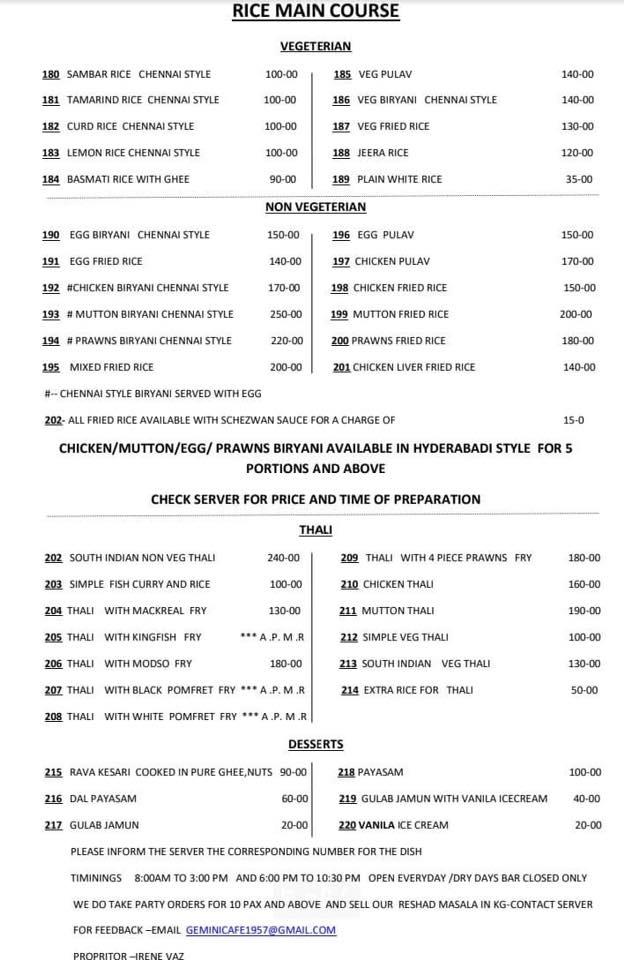 Menu at GEMINI FAMILY RESTAURANT & BAR, Ponda