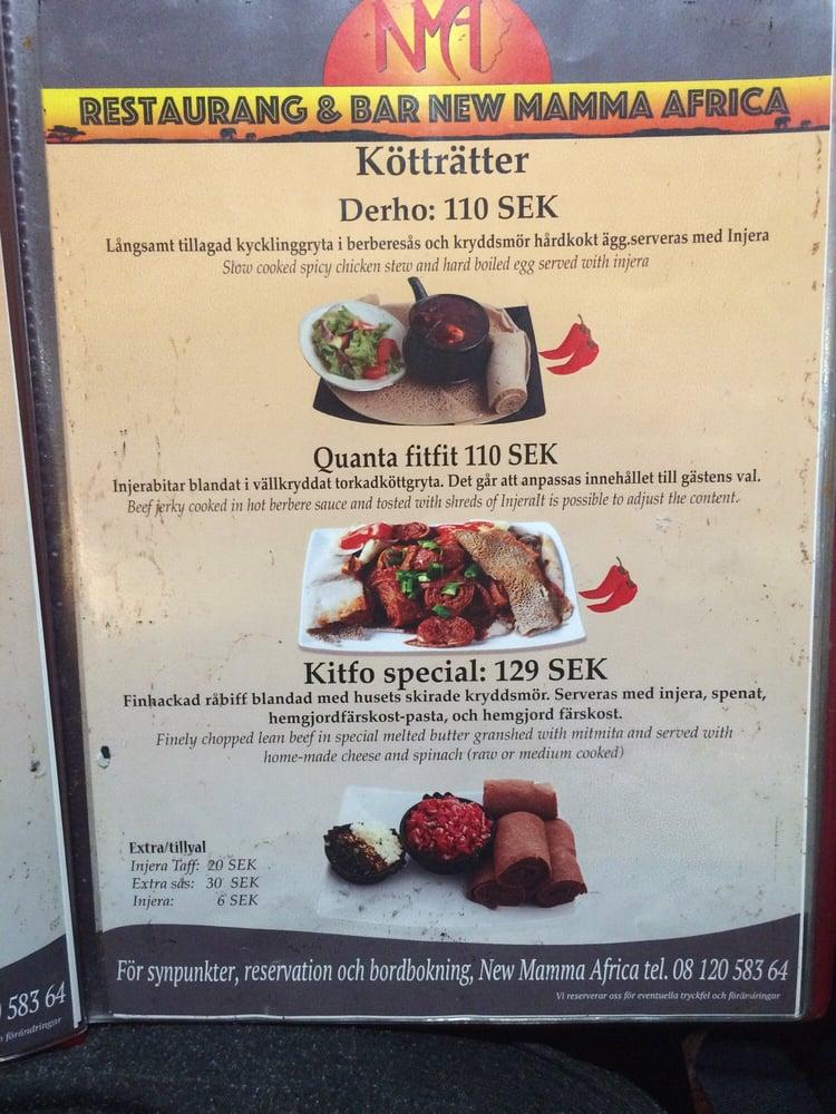 Menu at Mama Africa restaurant, Sollentuna