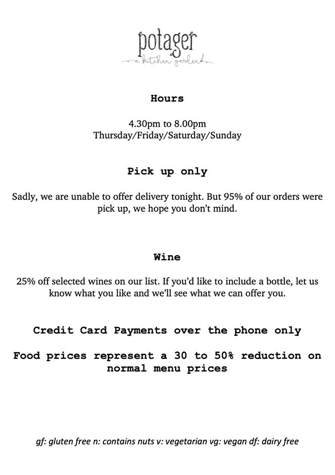 Menu at Potager - A Kitchen Garden restaurant, Carool