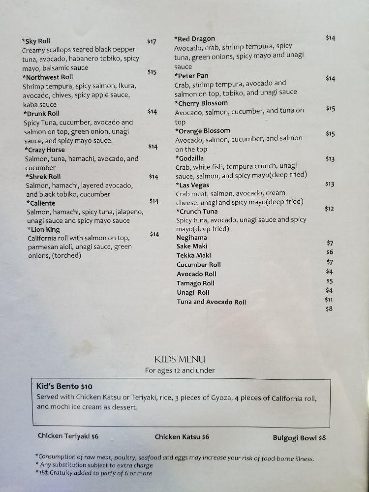 Menu at Zushi Sushi restaurant, Issaquah
