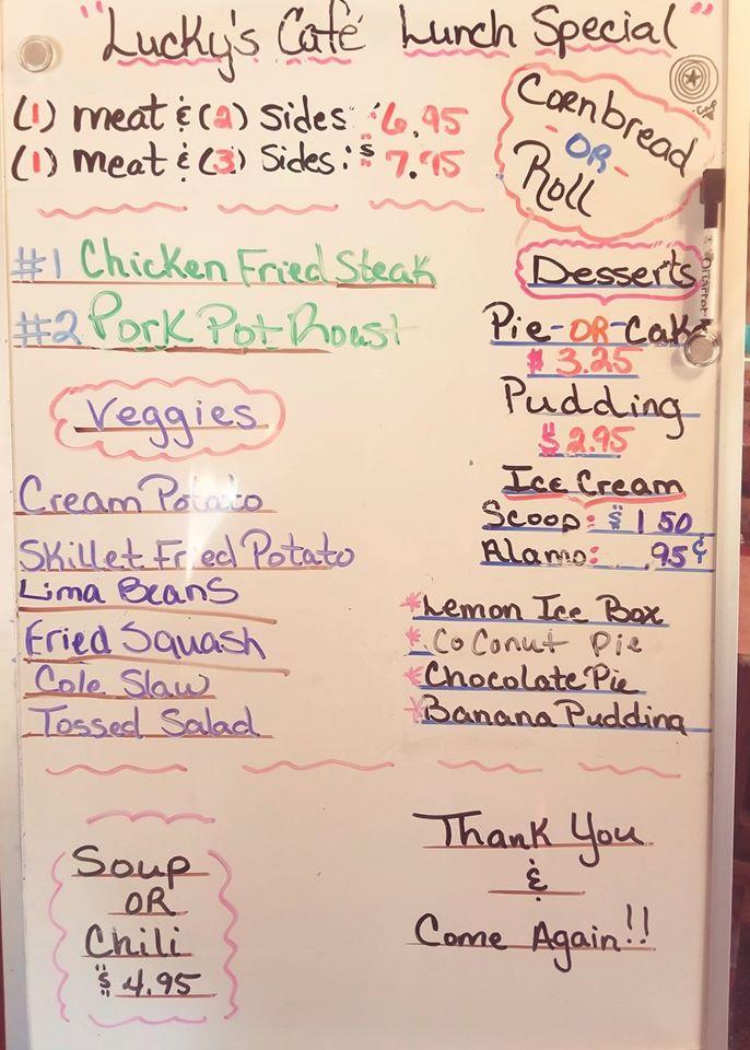 Menu at Lucky's restaurant, Pine Bluff