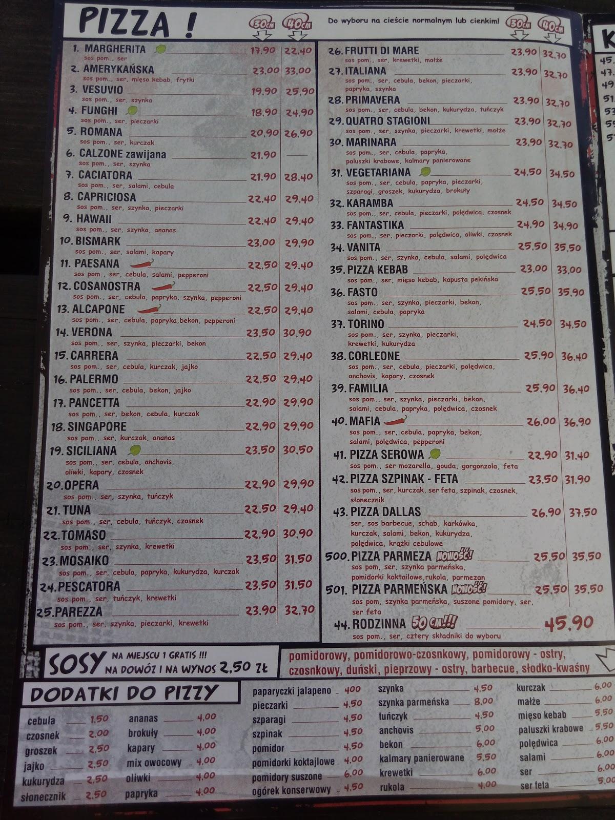 Menu at Pizzeria Mafia, Zielona Gora, Jana Sobieskiego 9