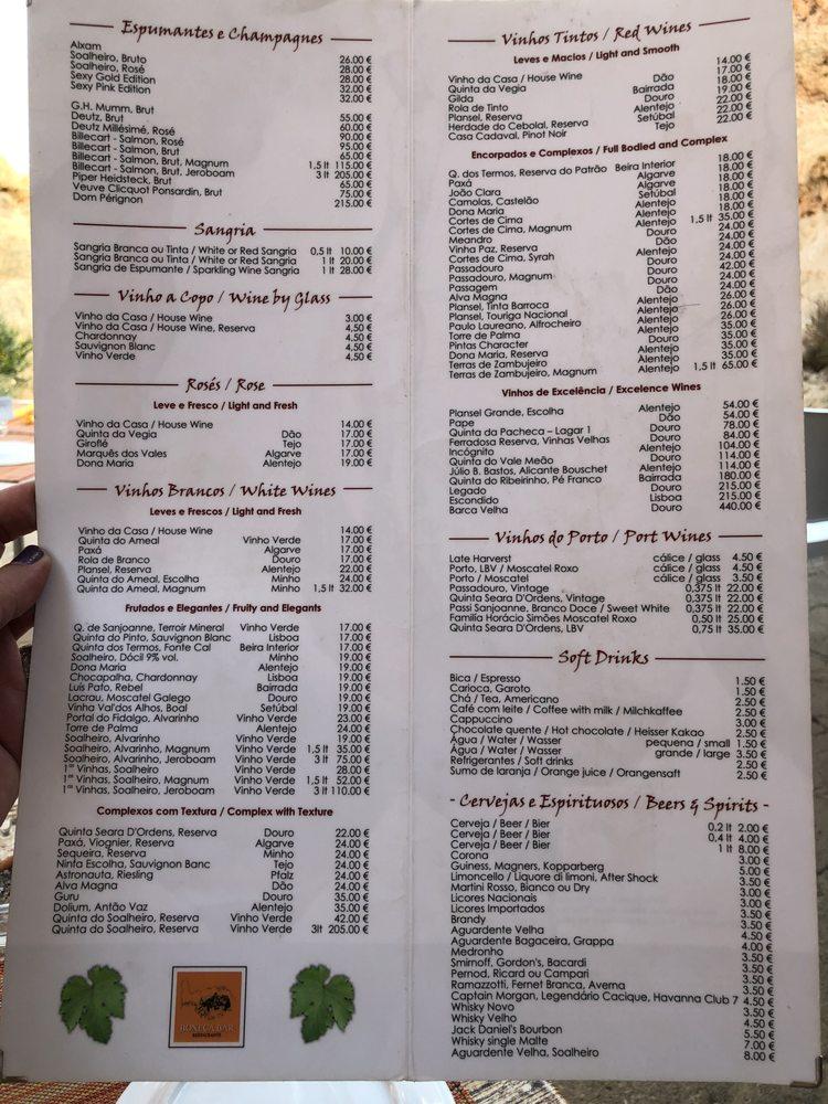Menu at Boneca Bar, Carvoeiro, Portugal