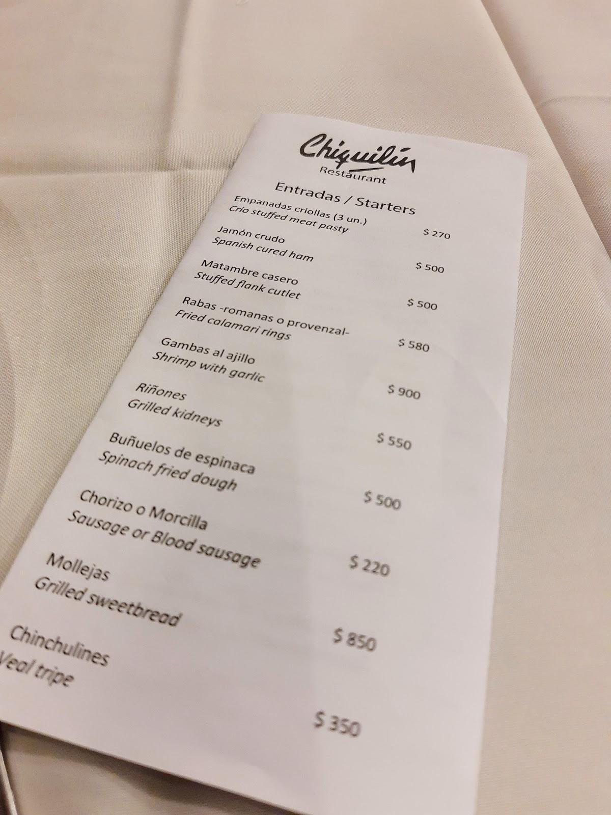 Carta de Restaurante Chiquilín, Buenos Aires, Montevideo 321