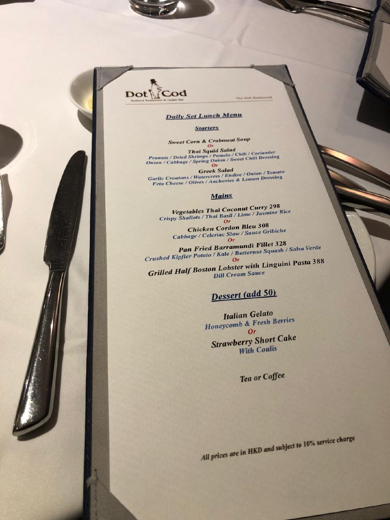 Menu at Dot Cod Seafood Restaurant & Oyster Bar, Hong Kong