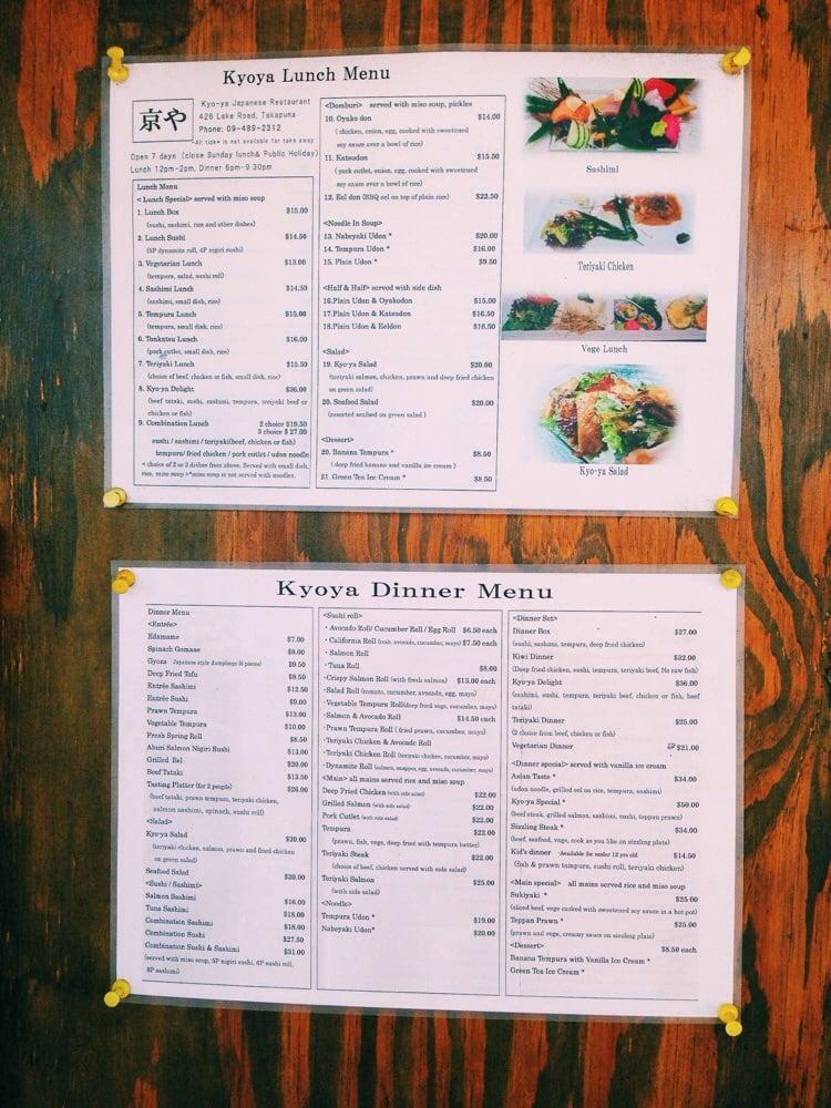 Menu at Kyo-Ya Japanese Restaurant, Auckland