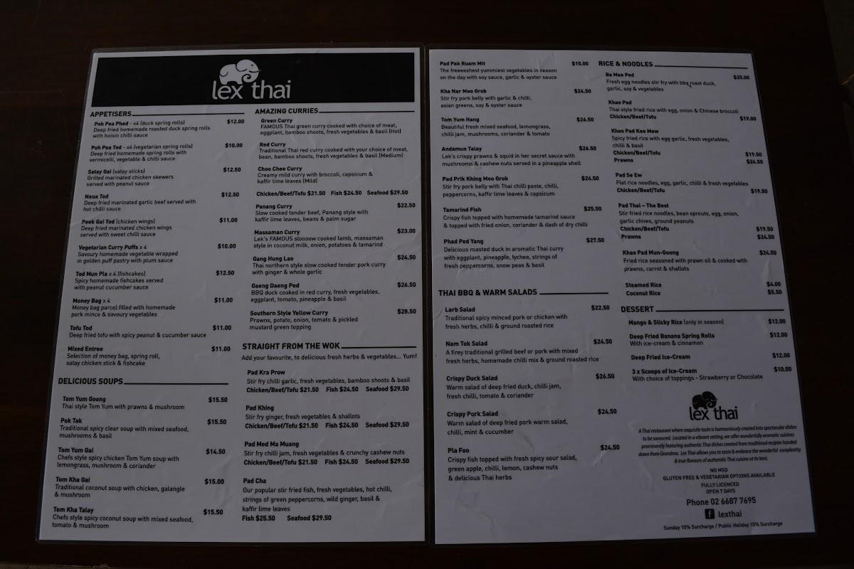 Menu at Lex Thai Garden restaurant, Lennox Head
