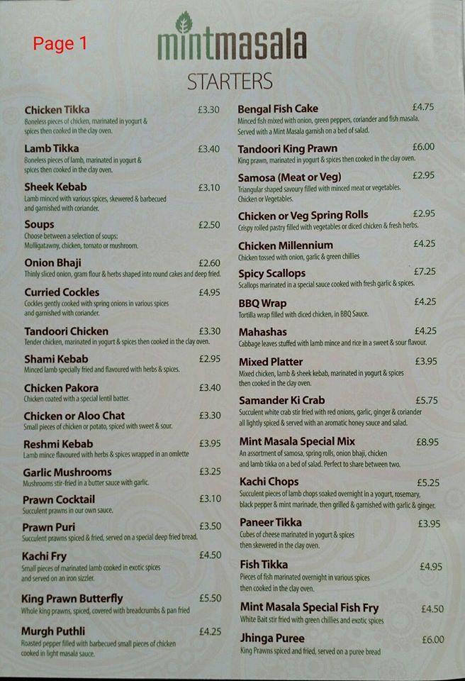 Menu at Mint Masala restaurant, Neath