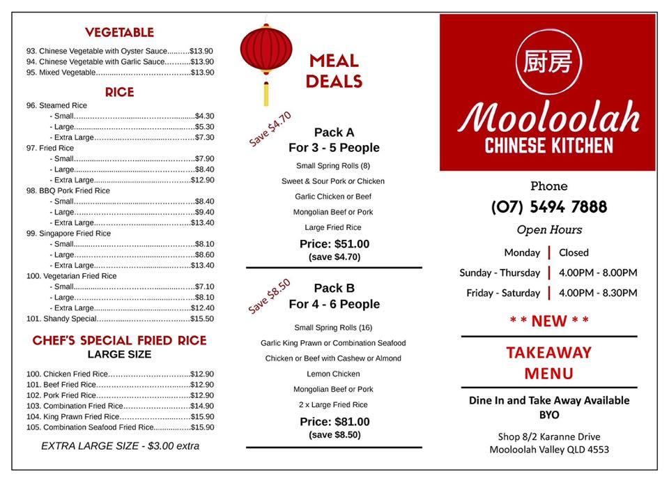 Menu at Mooloolah Chinese Kitchen restaurant, Mooloolah Valley