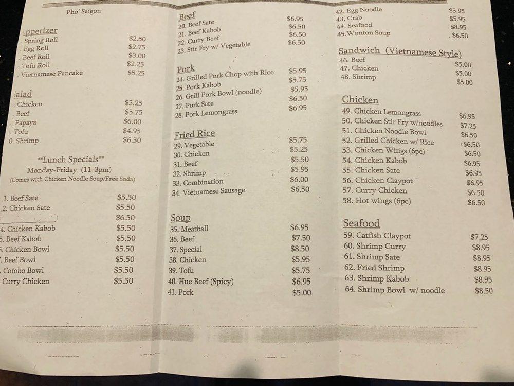 Menu at Pho Hong Saigon restaurant, Dillon