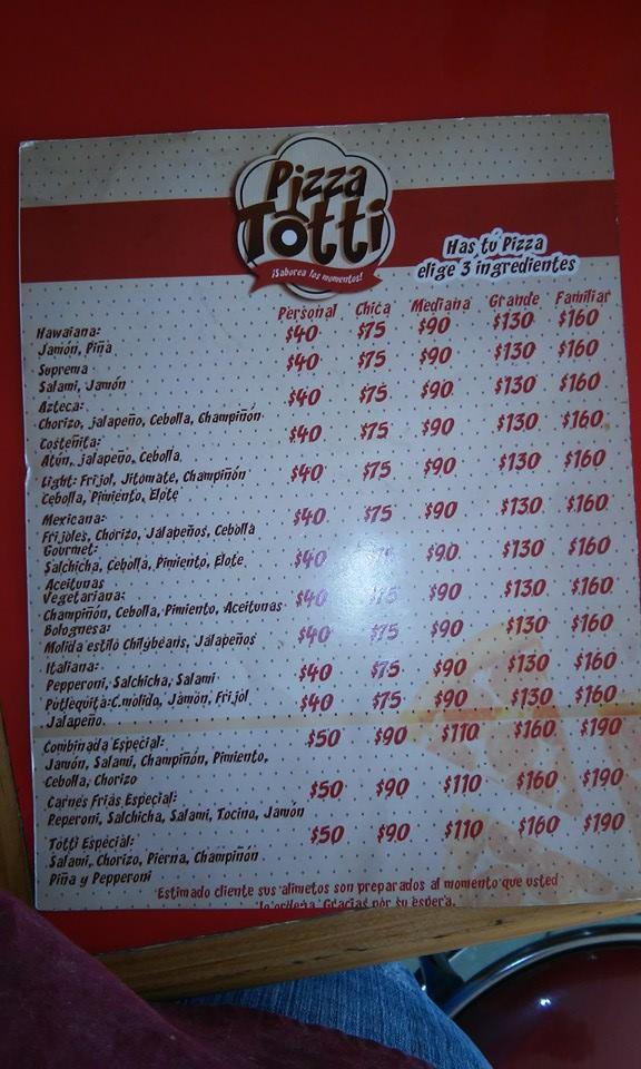Menu at Pizza totti pizzeria, Puebla City, Andador de los Encinos