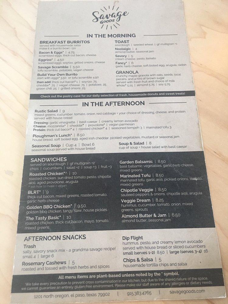 Menu at Savage Goods cafe, El Paso