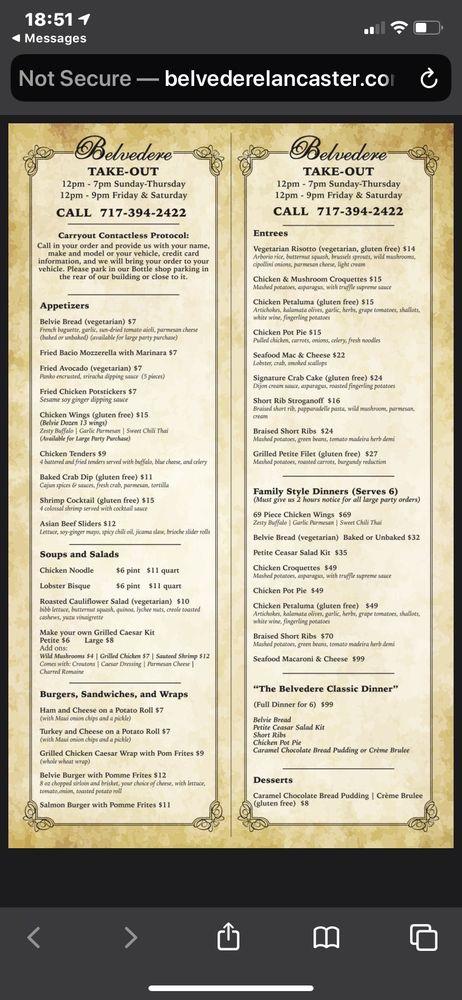 Menu at The Belvedere Inn restaurant, Lancaster
