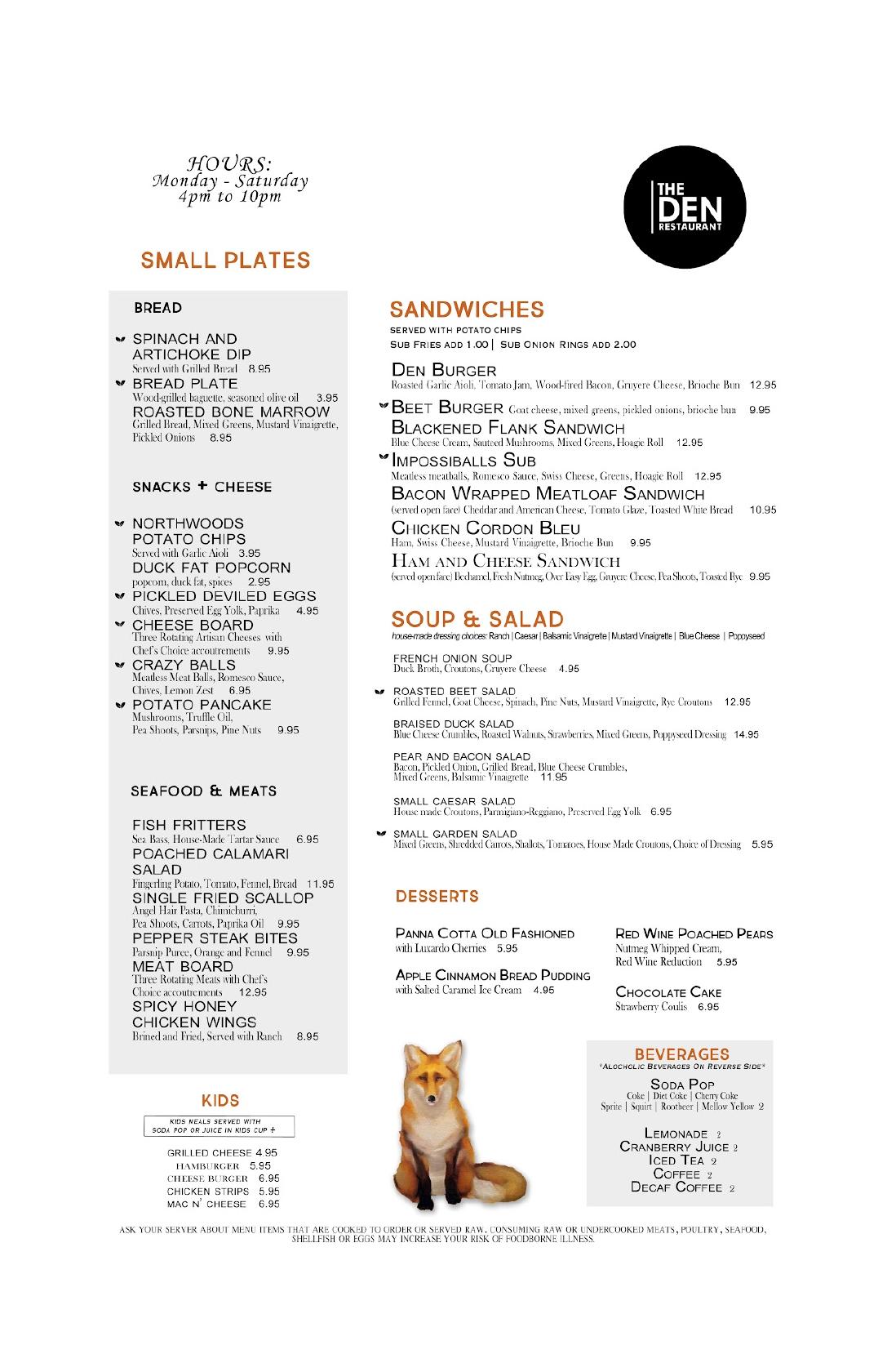 Menu at The Den Restaurant, Houghton