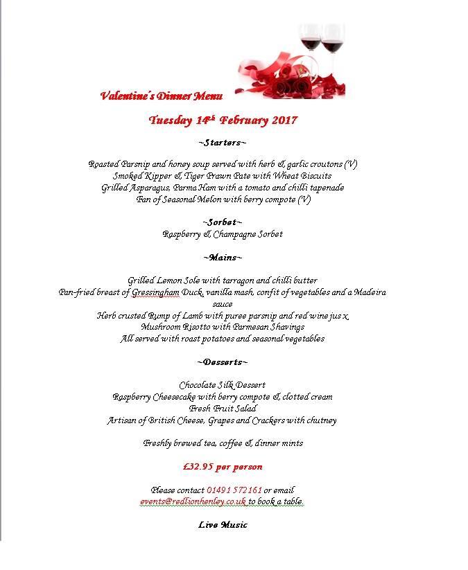 Menu at Red Lion restaurant, Henley-on-Thames, Hart Street