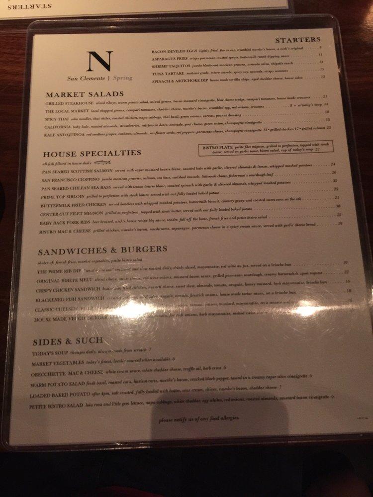 Menu at Nick's San Clemente steakhouse, San Clemente