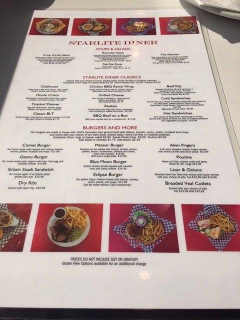 Menu at Starlite Diner Car restaurant, Bowden
