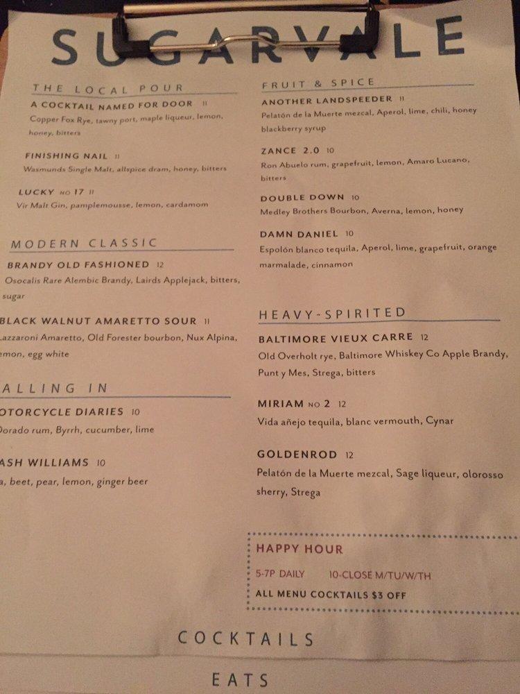 Menu at Sugarvale pub & bar, Baltimore