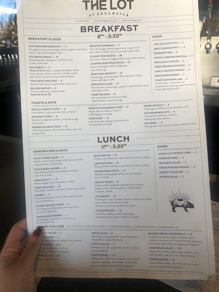 Menu at The Lot at Edgewater restaurant, Oakmont