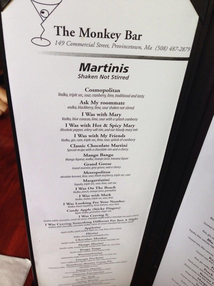 Menu at The Monkey Bar, Provincetown, 149 Commercial St