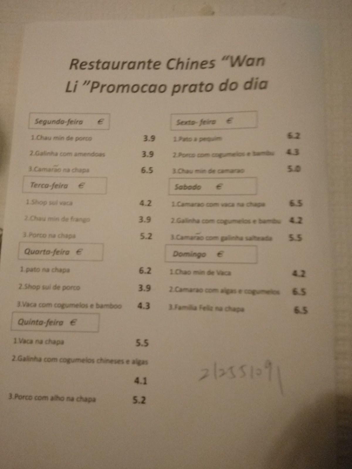 Menu em Restaurant Chinese wan li, Corroios