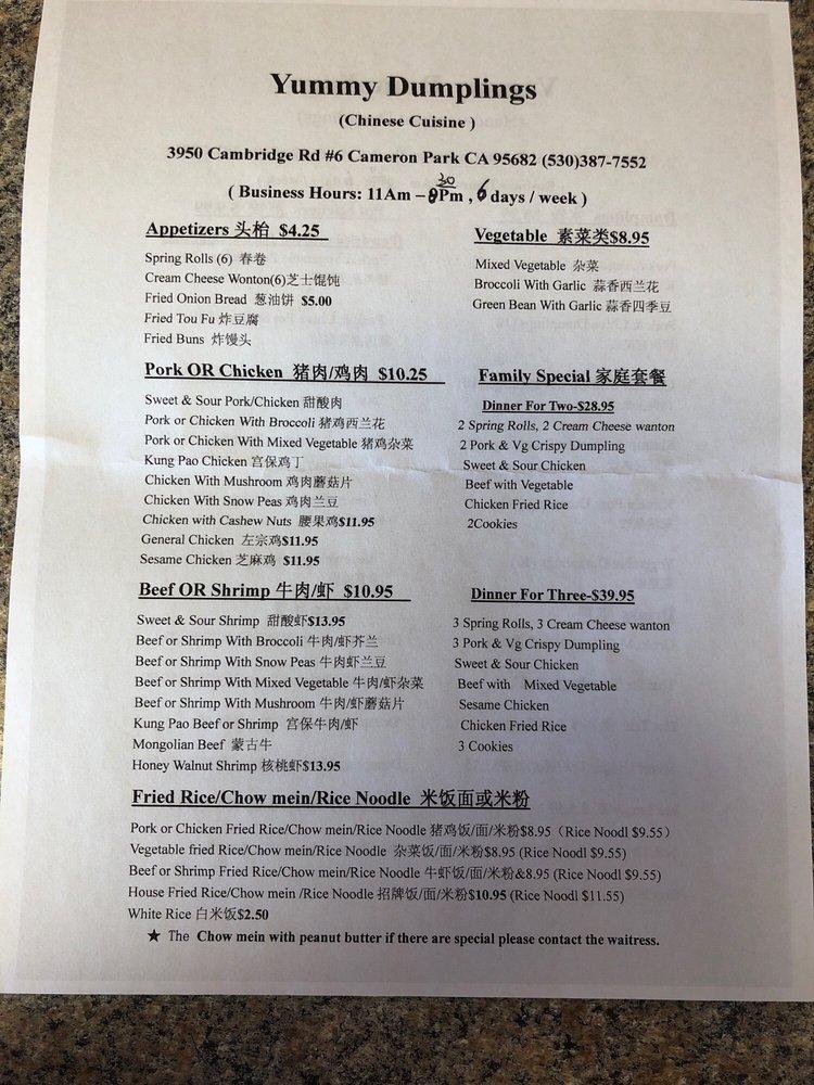 Menu at Yummy Dumplings restaurant, Cameron Park