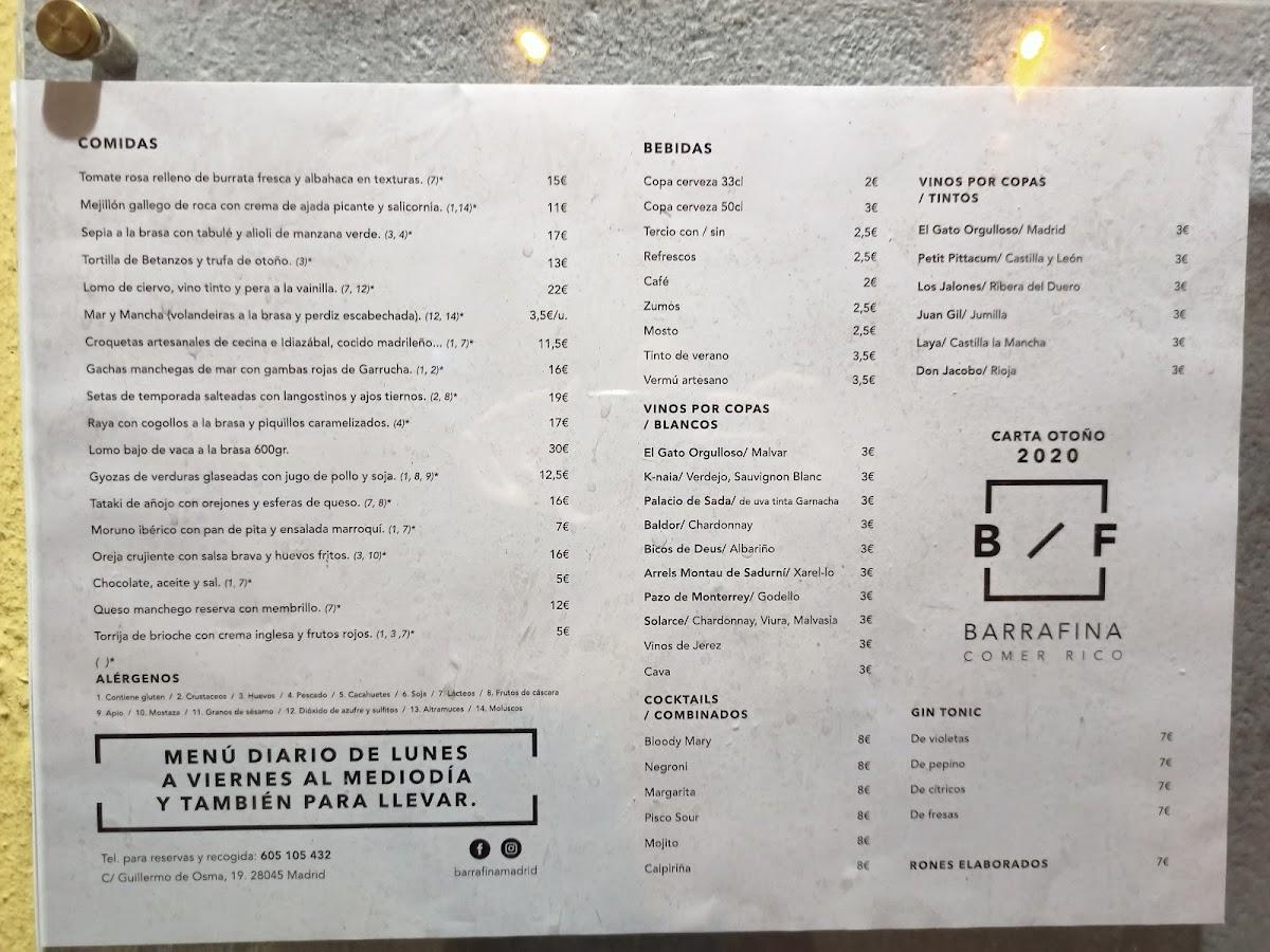 Carta de Restaurante BarraFina, Madrid
