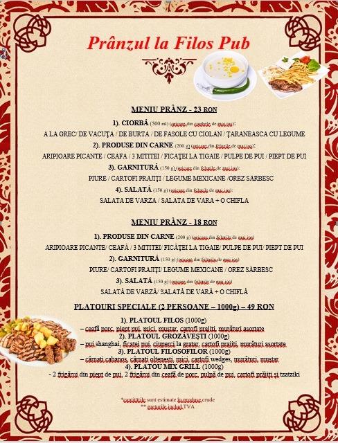 Menu at Filos Pub, Bucharest