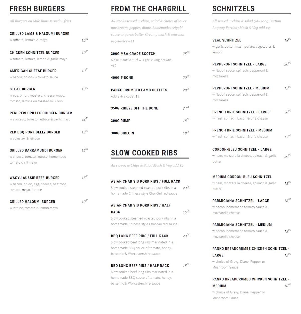 Menu at Paddo RSL pub & bar, Paddington
