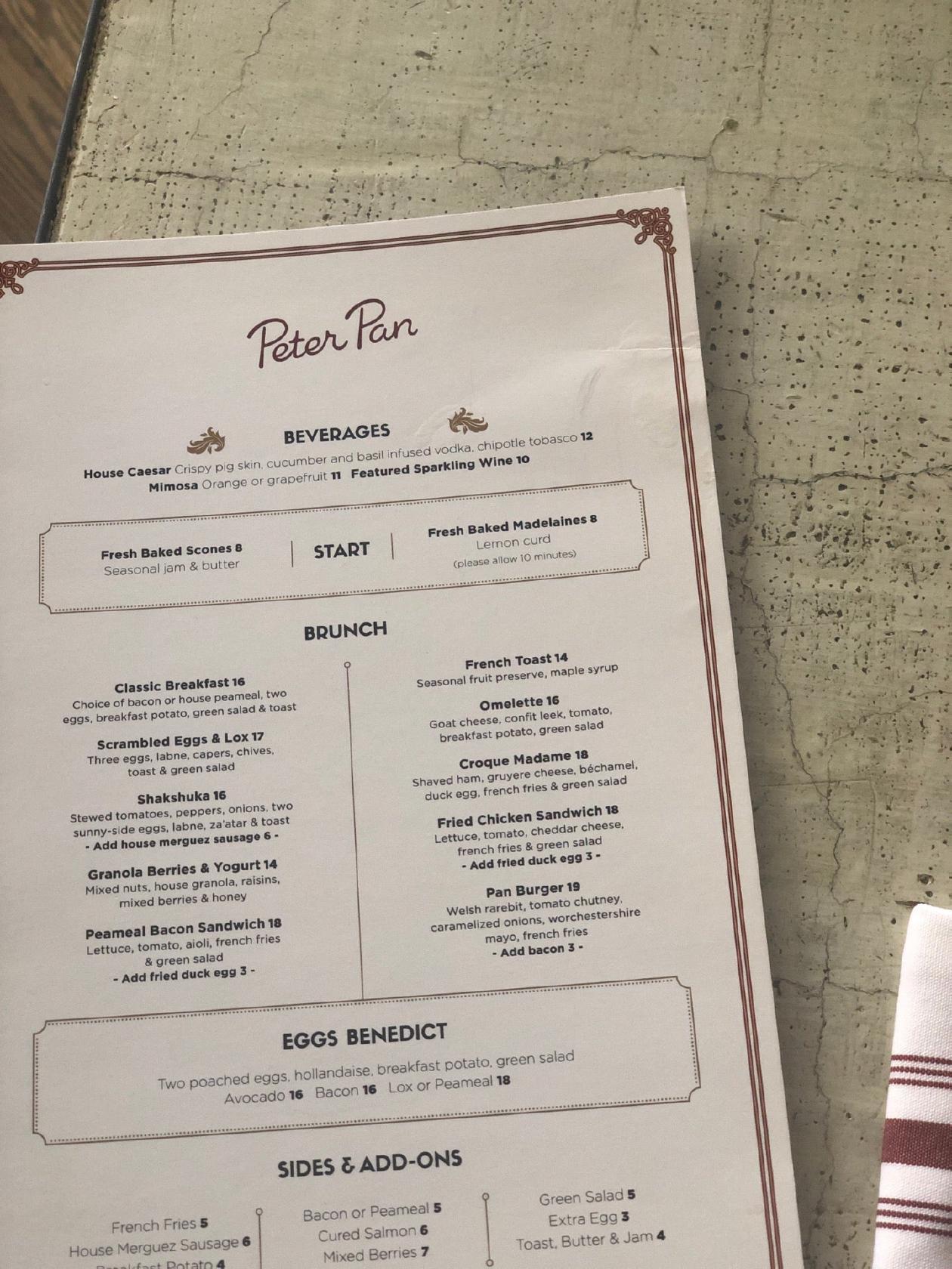 Menu at Peter Pan Bistro restaurant, Toronto