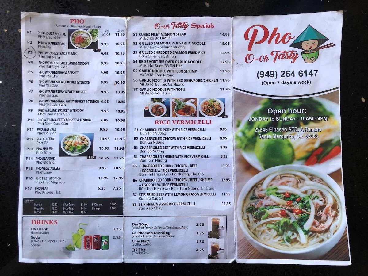 Menu at Pho O-Oh Tasty restaurant, Rancho Santa Margarita