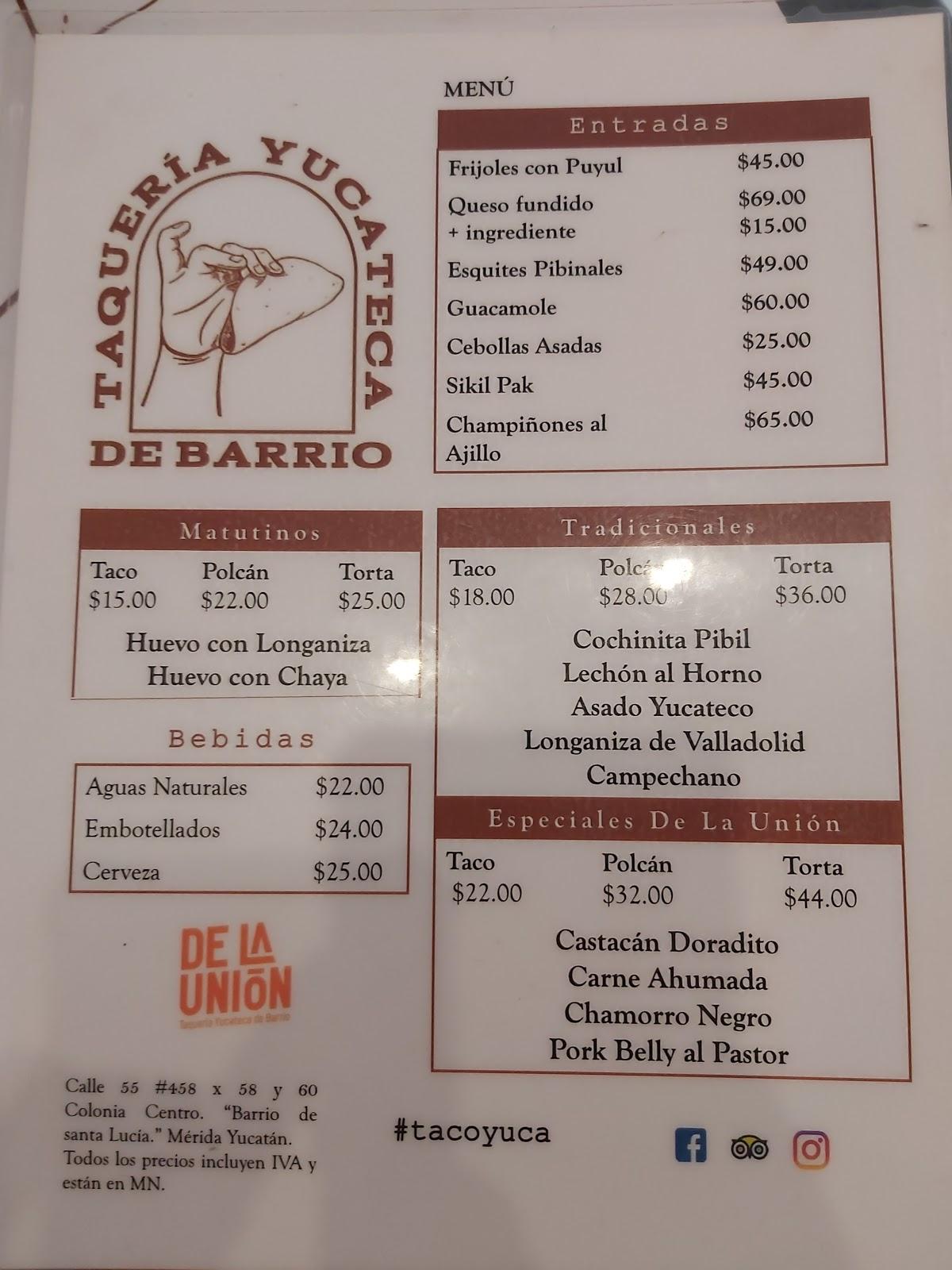 Menu at Taquería De La Unión restaurant, Merida