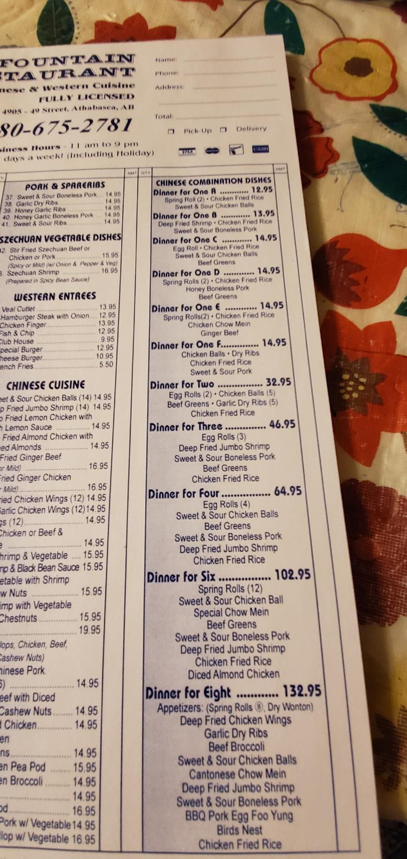 Menu at Golden Fountain Restaurant, Athabasca