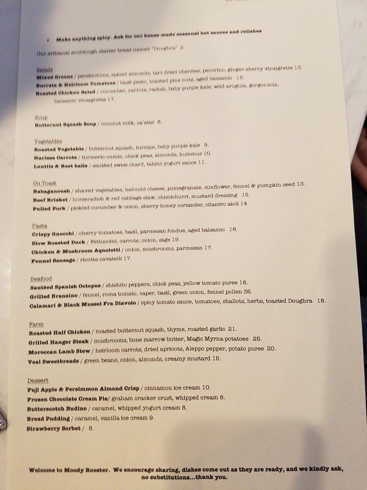 Menu at Moody Rooster pub & bar, Westlake Village