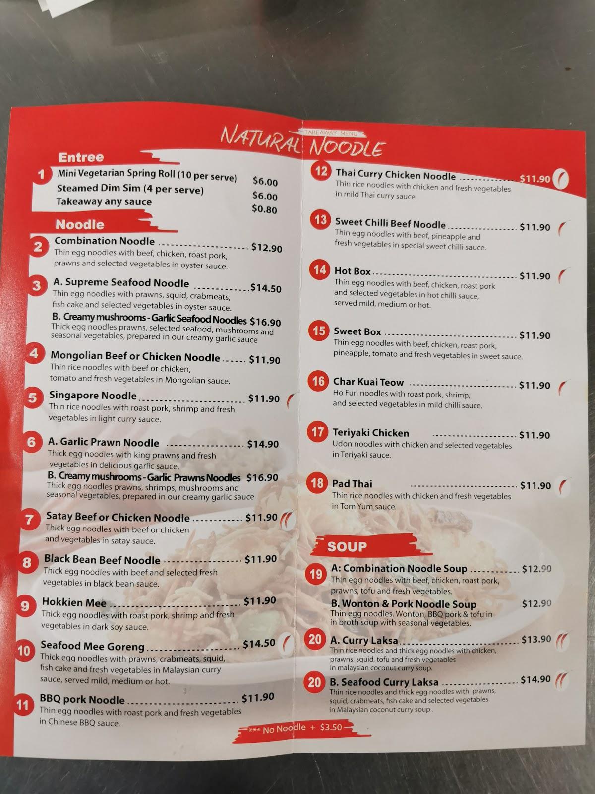 Menu at Natural Noodle restaurant, Bundaberg Central
