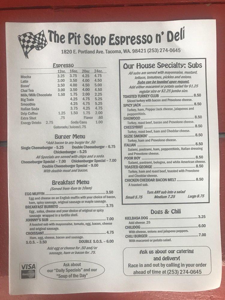Menu at Pit Stop cafe, Tacoma