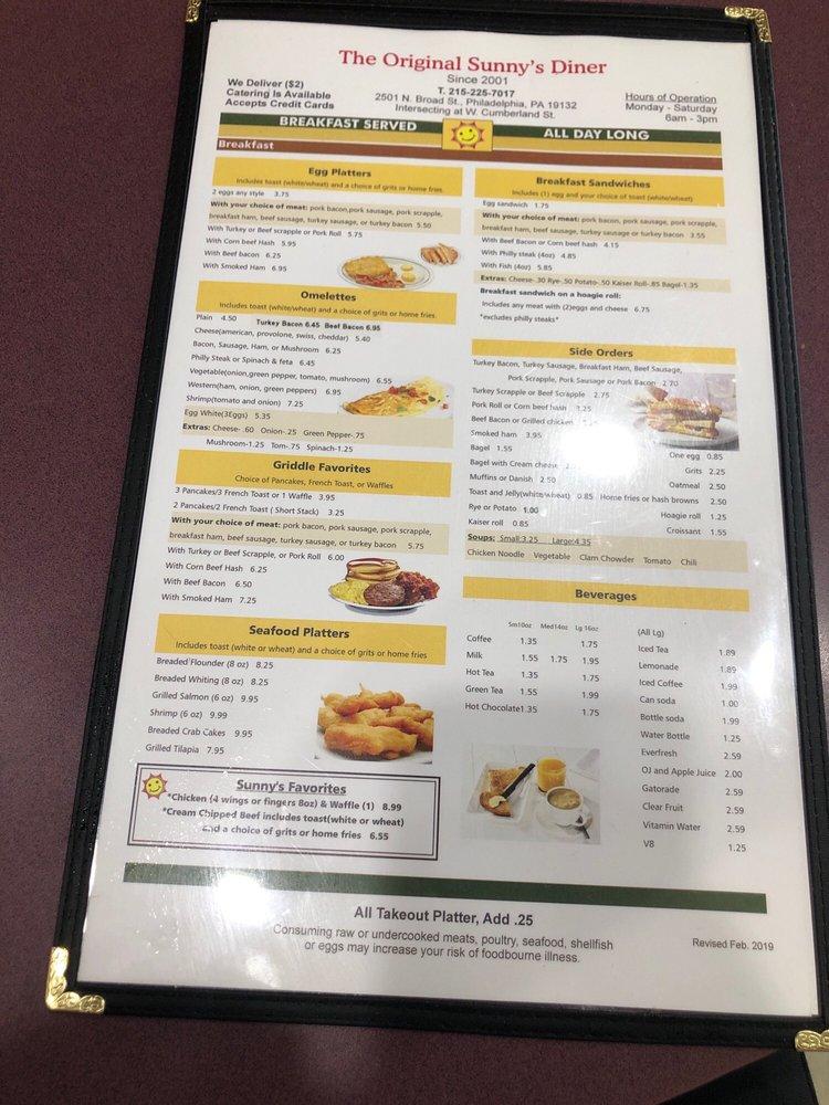 Menu at Sunny's Diner, Philadelphia, N Broad St