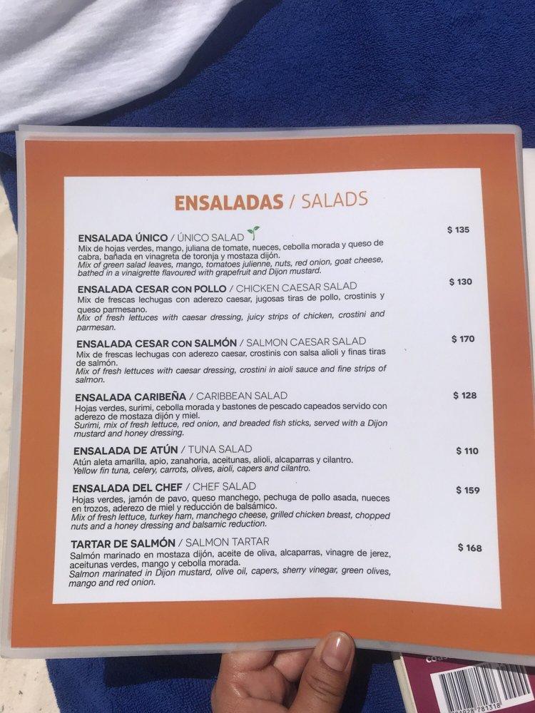 Menu at Unico Beach pub & bar, Puerto Morelos